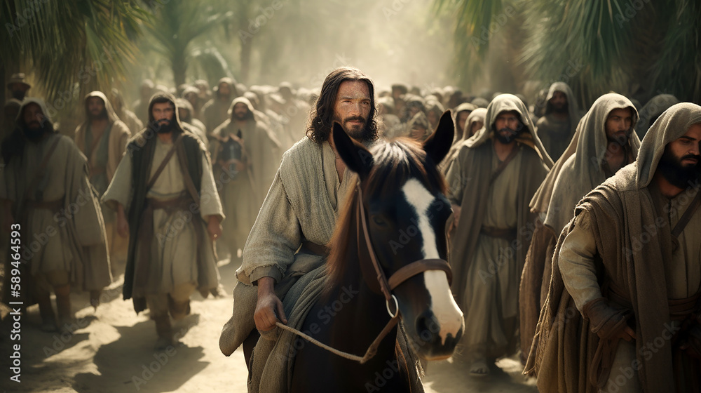 Jesus christ riding a donkey into jerusalem.Ai generativ. Stock ...