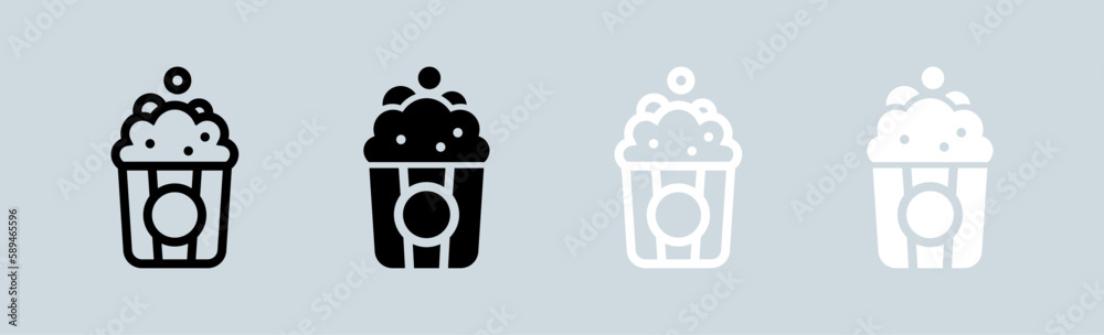 Popcorn icon set in black and white. Entertainment signs vector ...