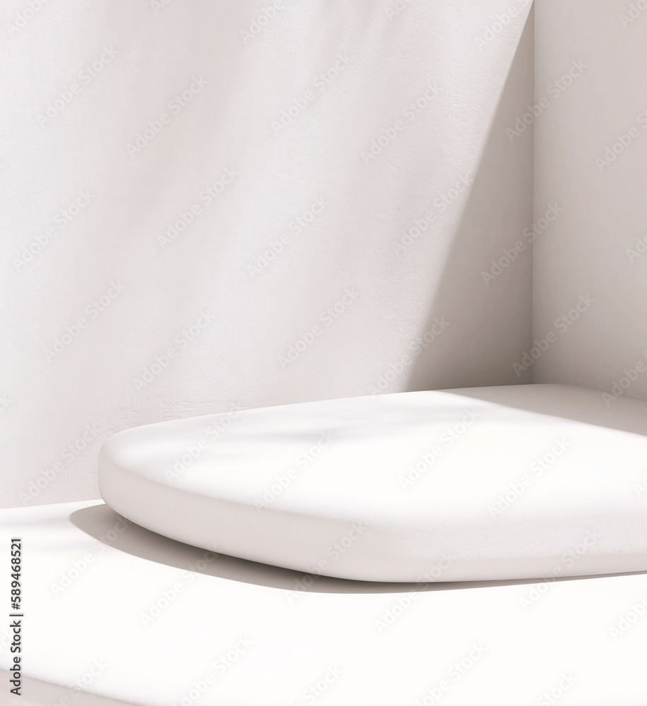 Smooth edge natural shape white podium in sunlight, shadow for on white ...