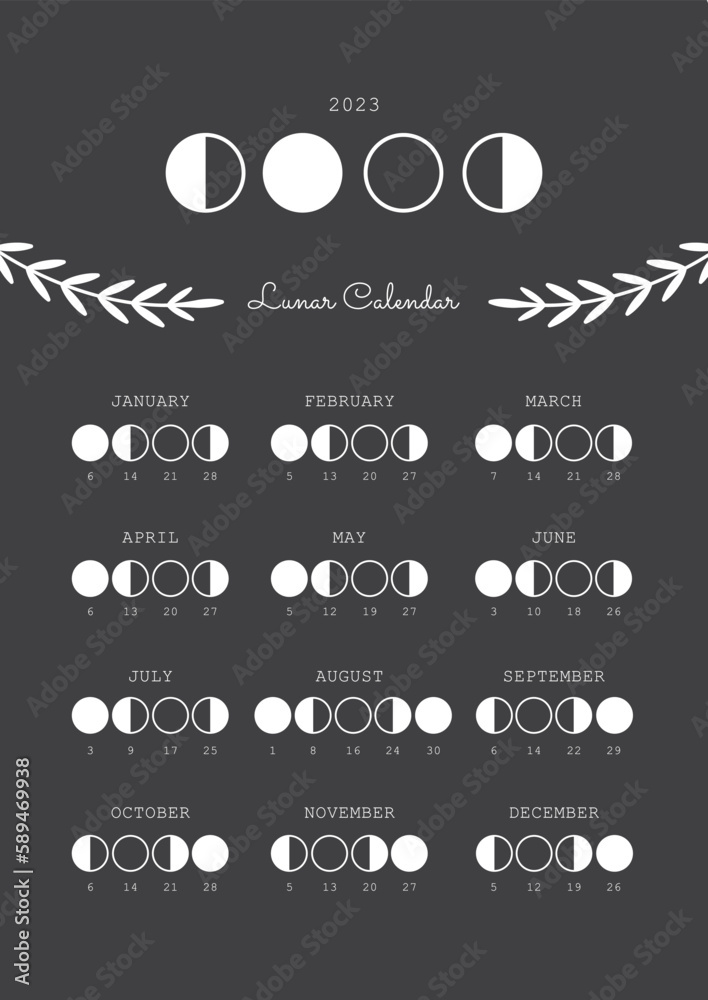 Lunar Calendar 2023, Moon Phases 2023 Vector Illustration with Plants ...