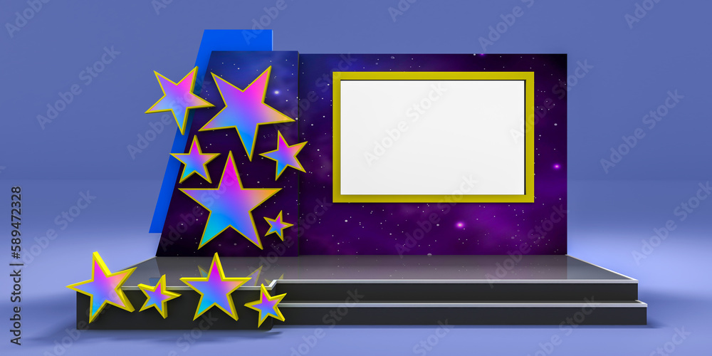 3d illustration stage backdrop star decoration with led tv screen blank ...