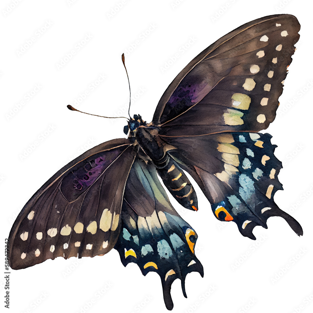 Black swallowtail buterfly. Watercolor with transparent background ...