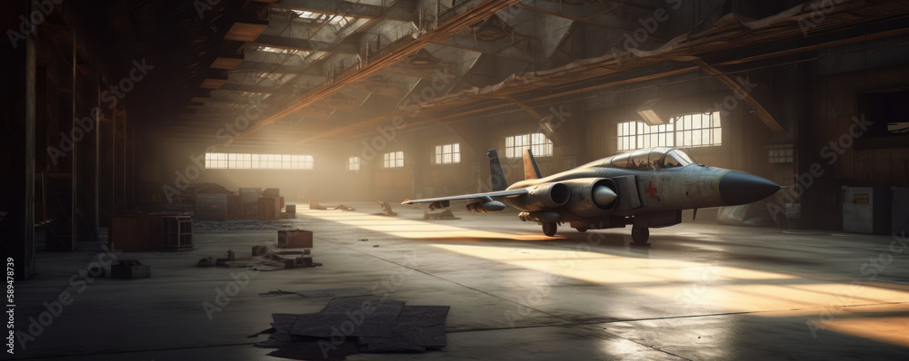 Powerful military fighter jet parked in military hangar, ready for ...