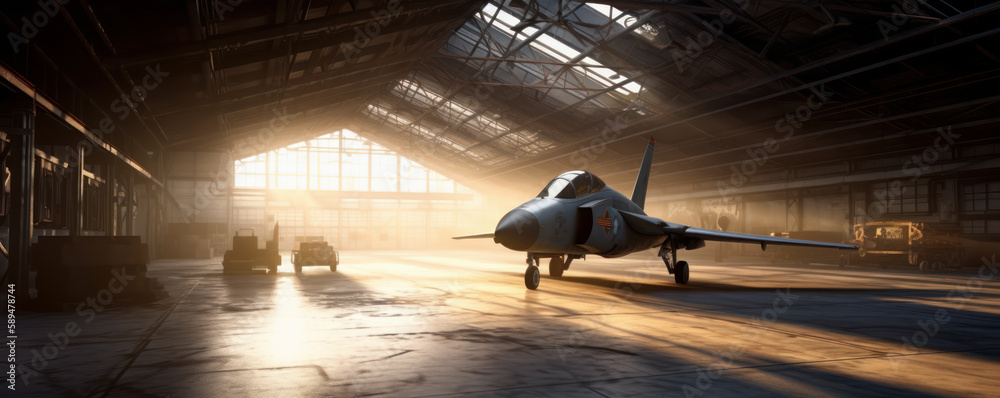 Interior view of a generic military fighter jet parked inside a ...