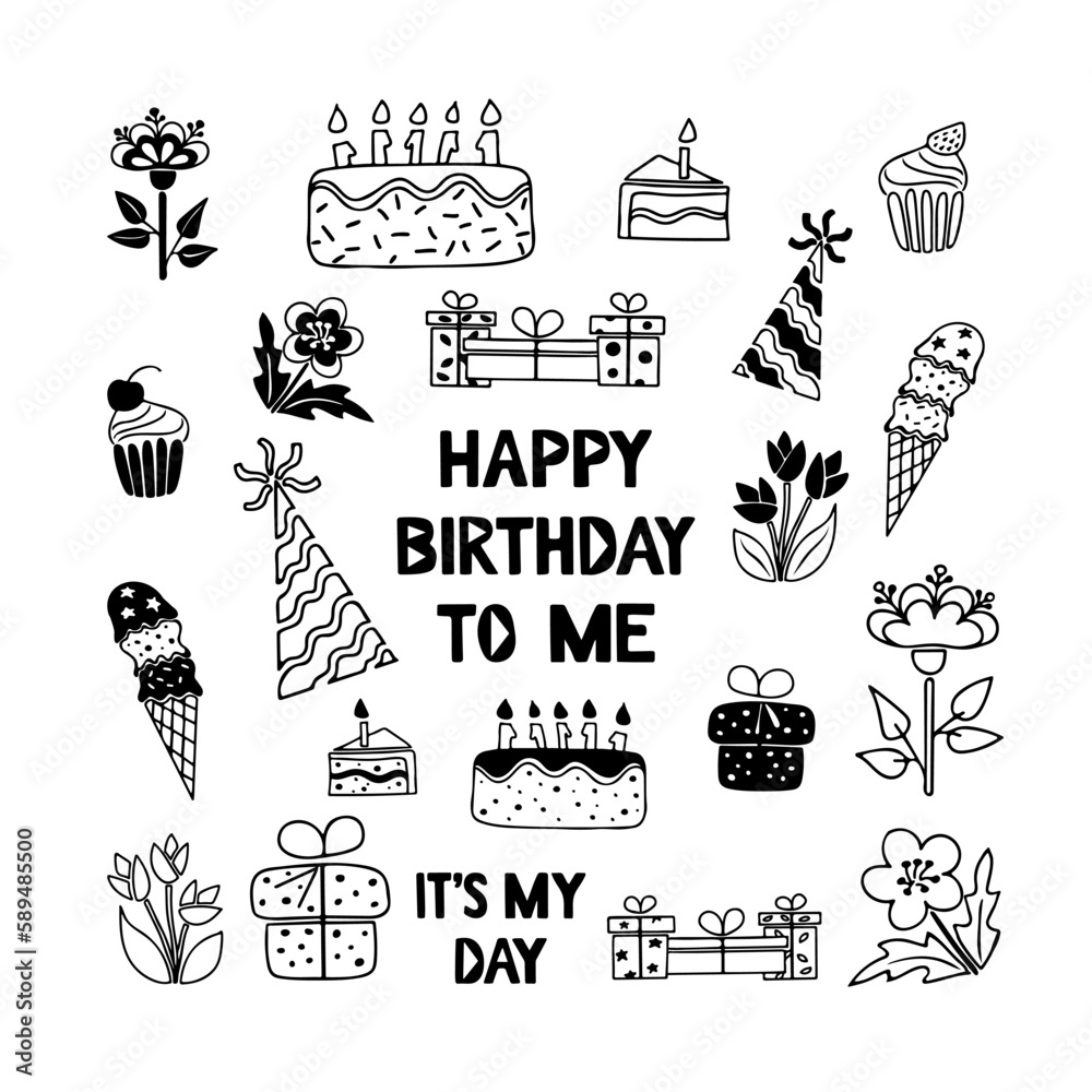 vector, set, element, minimalism, birthday, happy, party, trendy ...
