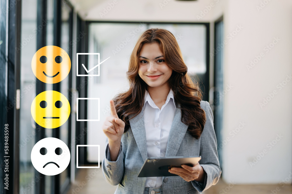 Smart woman use smartphone and tablet choosing happy smile face icon ...