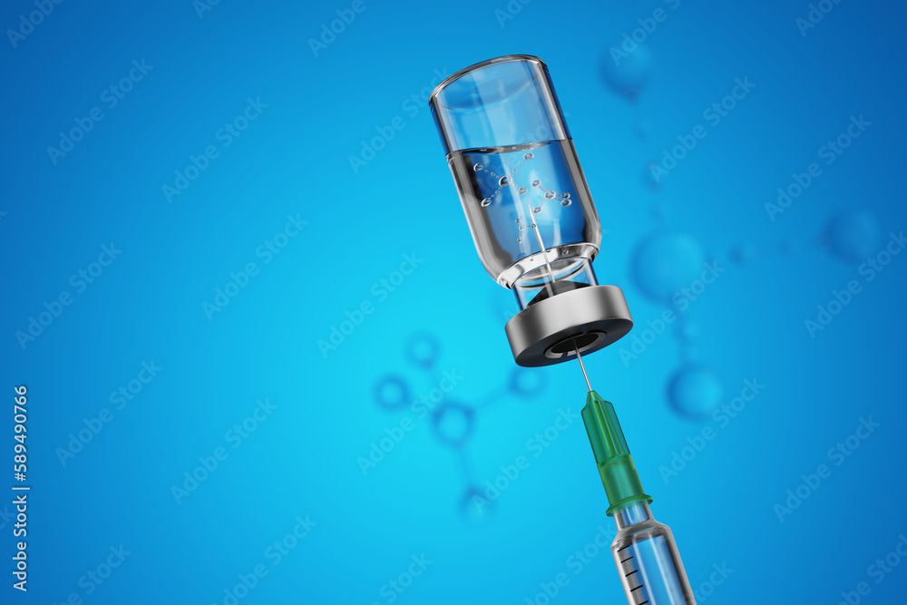 drawing medicine into a syringe from a glass vial with molecule icons ...