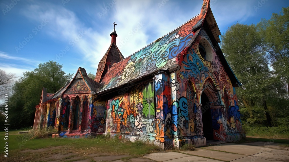 old church wall and roof painted in doodle graffiti, colorful messy ...