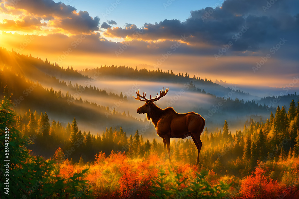 Big male Bull moose in deep coniferous forest in rays of sunset, AI ...