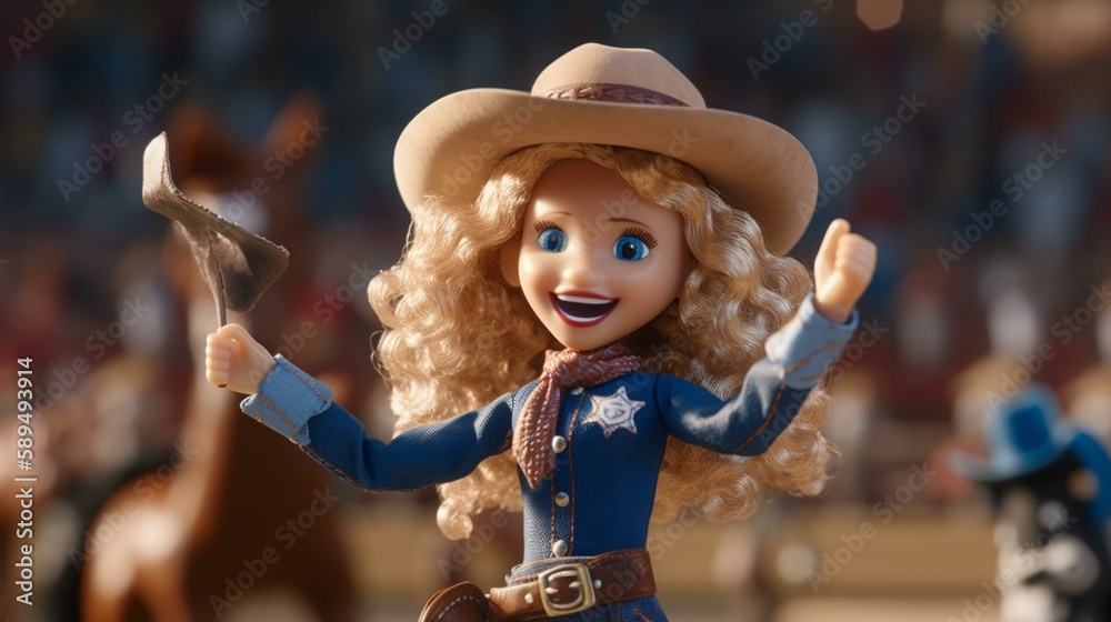 A rodeo cowgirl doll with a denim jacket, cowboy boots, and a lasso ...
