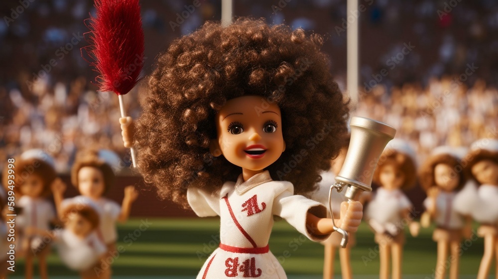 A cheerleader doll with pom-poms, a megaphone, and a cheerleading ...