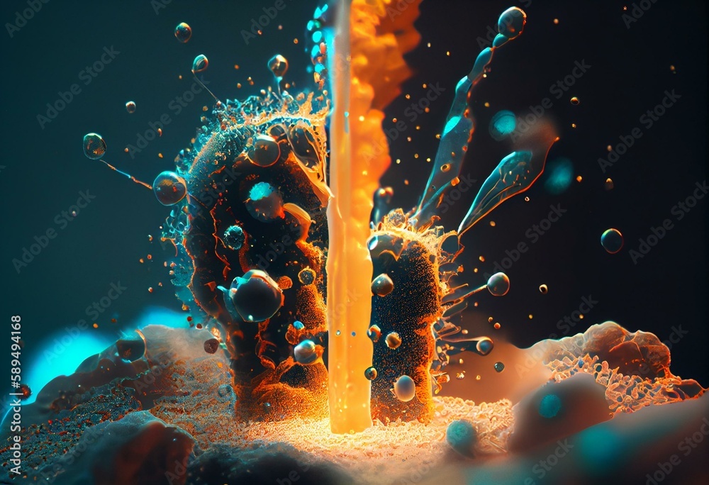 Microscopic cells exploding in a reaction of energy. generative AI ...