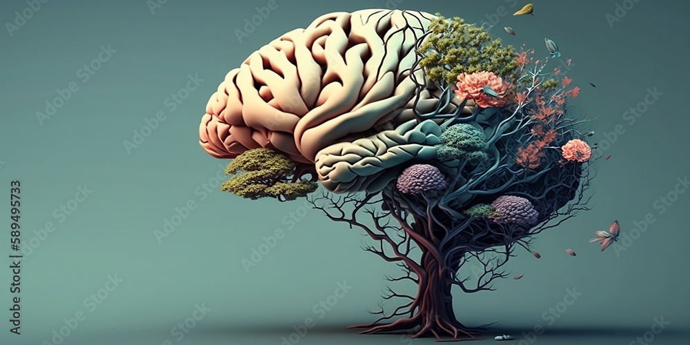 Human brain tree with flowers, self care and mental health concept ...