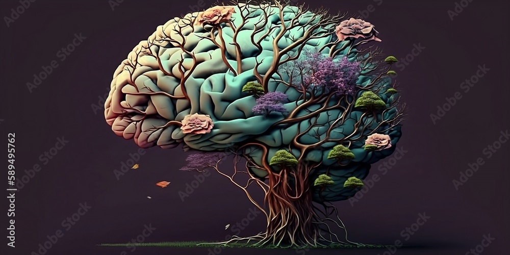 Human brain tree with flowers, self care and mental health concept ...