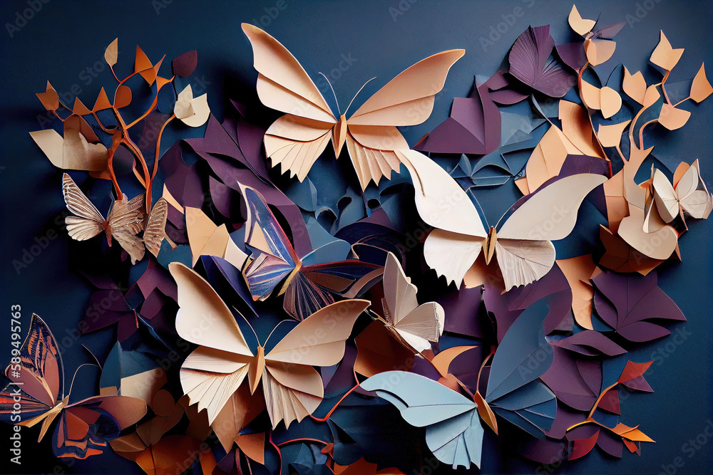 Many folded paper butterflies flying as wallpaper background ...