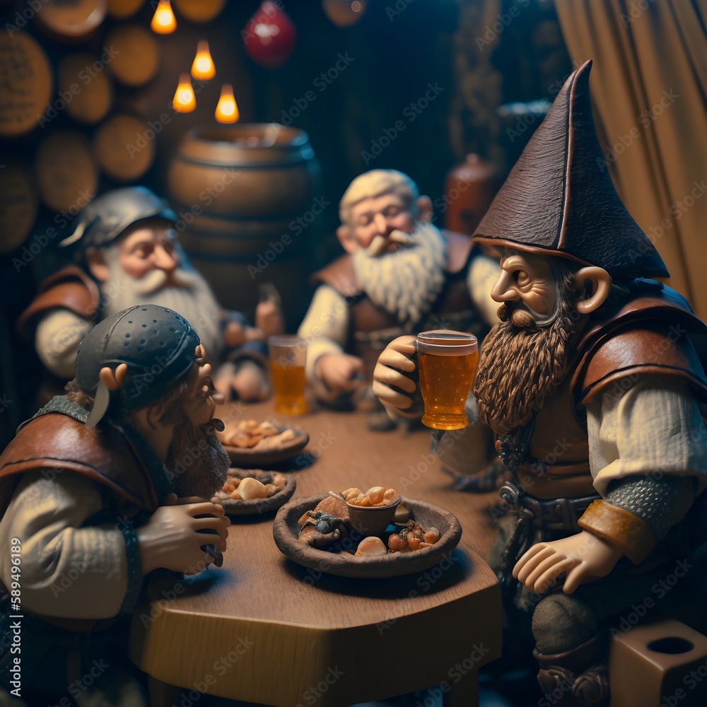 Ilustração do Stock: dwarfs around a meal eating and drinking beers in ...