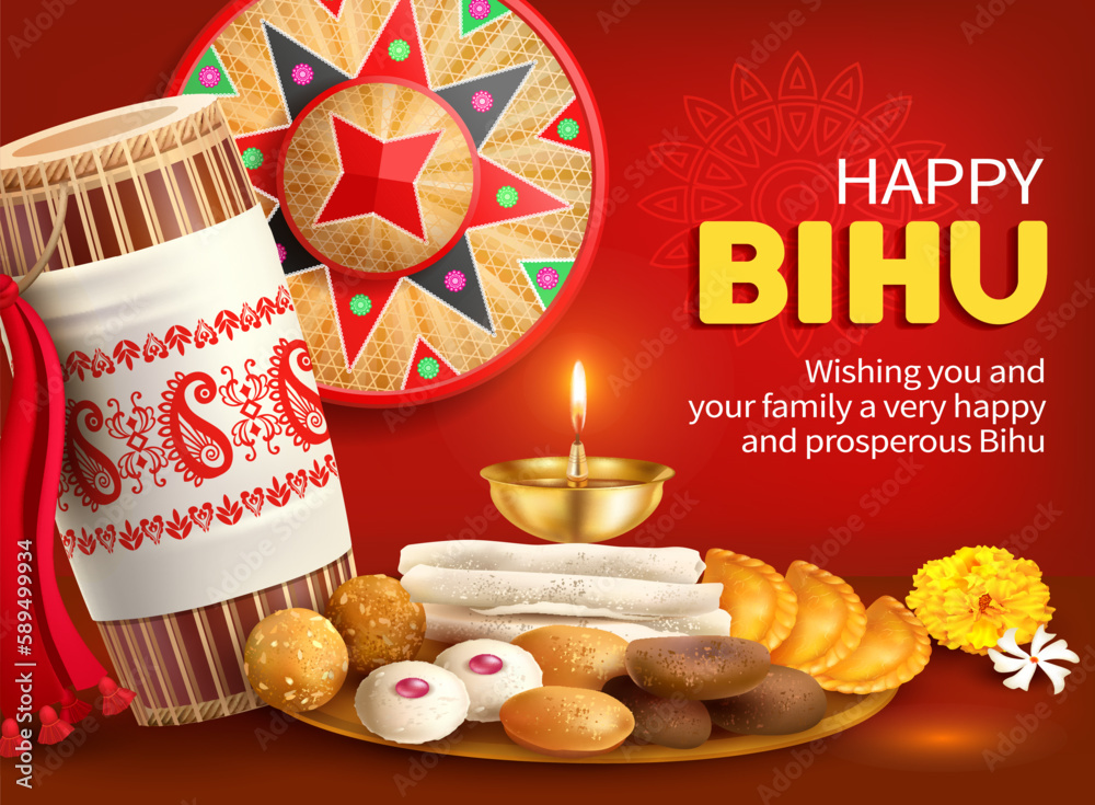 Greeting poster with drum (dhol, onoinya) decorated with gamosa, japi ...