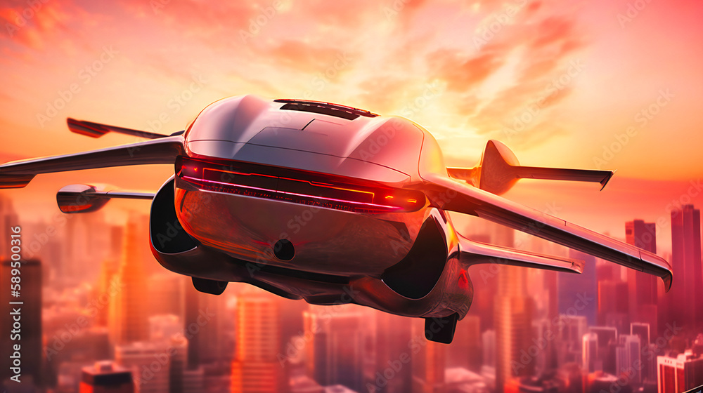 The sleek, silver flying car hovers effortlessly against a backdrop of ...