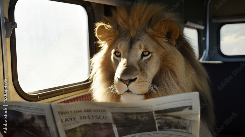Lion reading a newspaper on the bus Generative AI Stock Illustration ...
