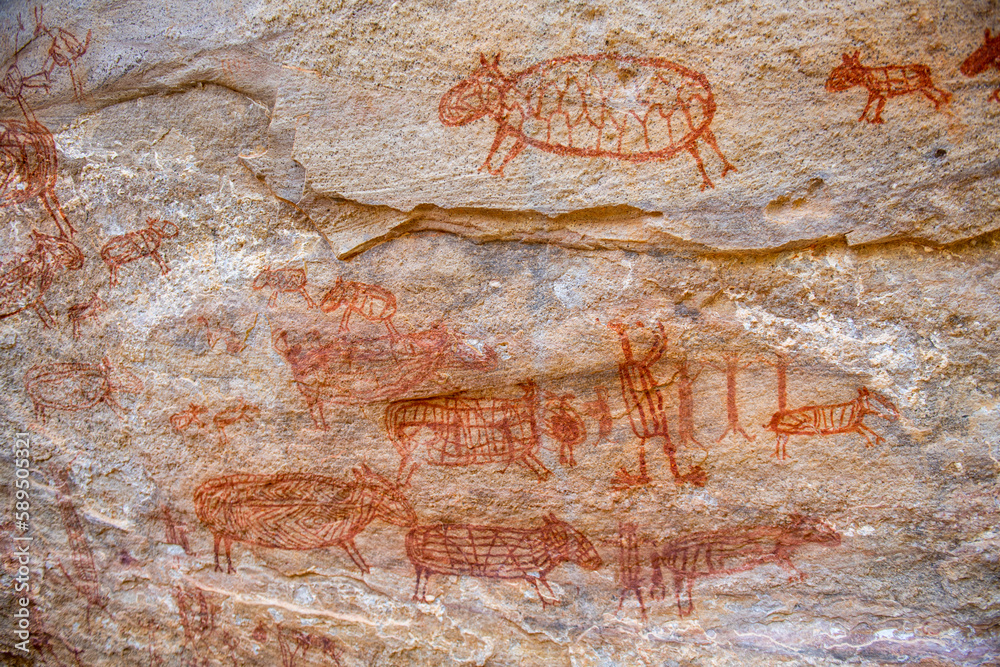 Rock art painting at Pedra Furada, Serra da Capivara National Park ...
