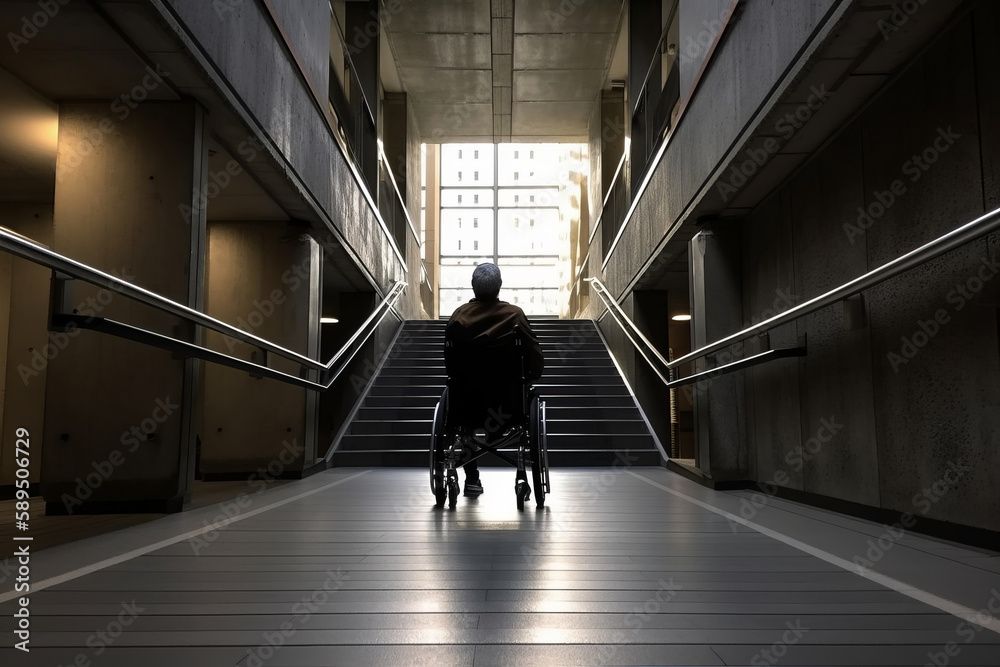 Back view of unrecognizable disabled senior man sitting on wheelchair ...