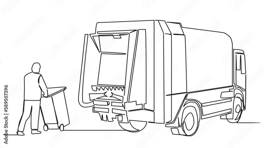 animated continuous single line drawing of garbage truck and garbage ...
