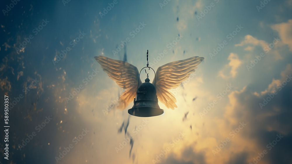Ultra-realistic illustration of a winged Easter bell. An Easter bell ...