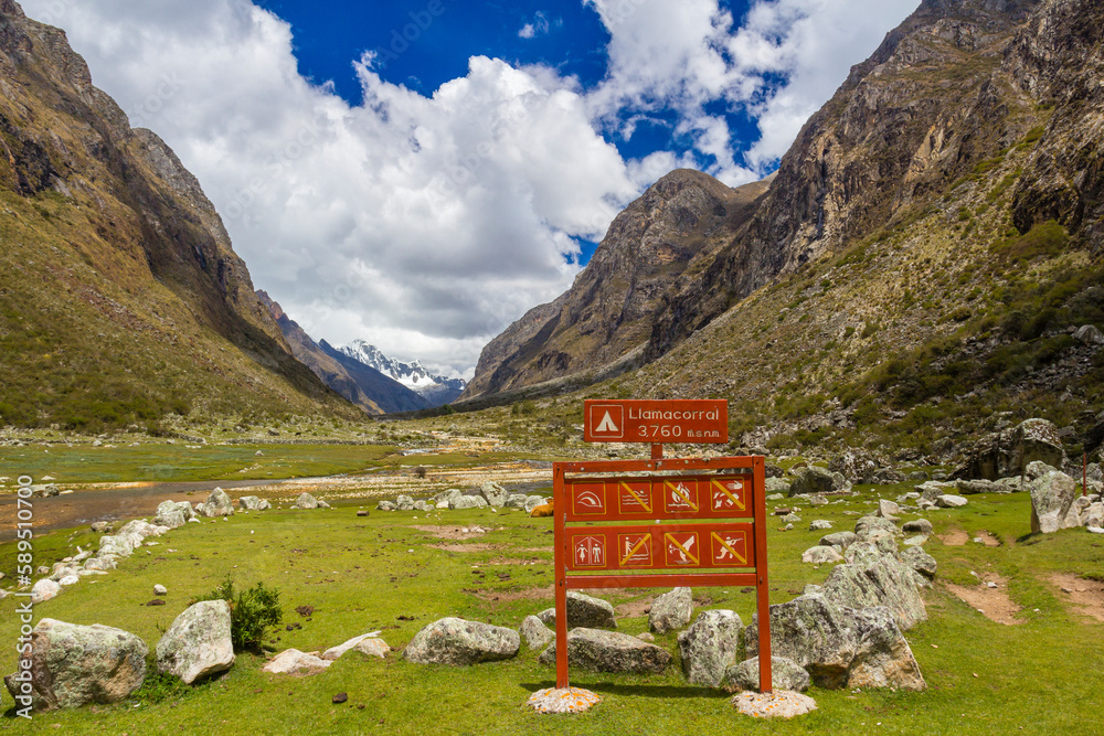 Camping area Llamacorral on Santa Cruz trek, Cordillera Blanca, near ...
