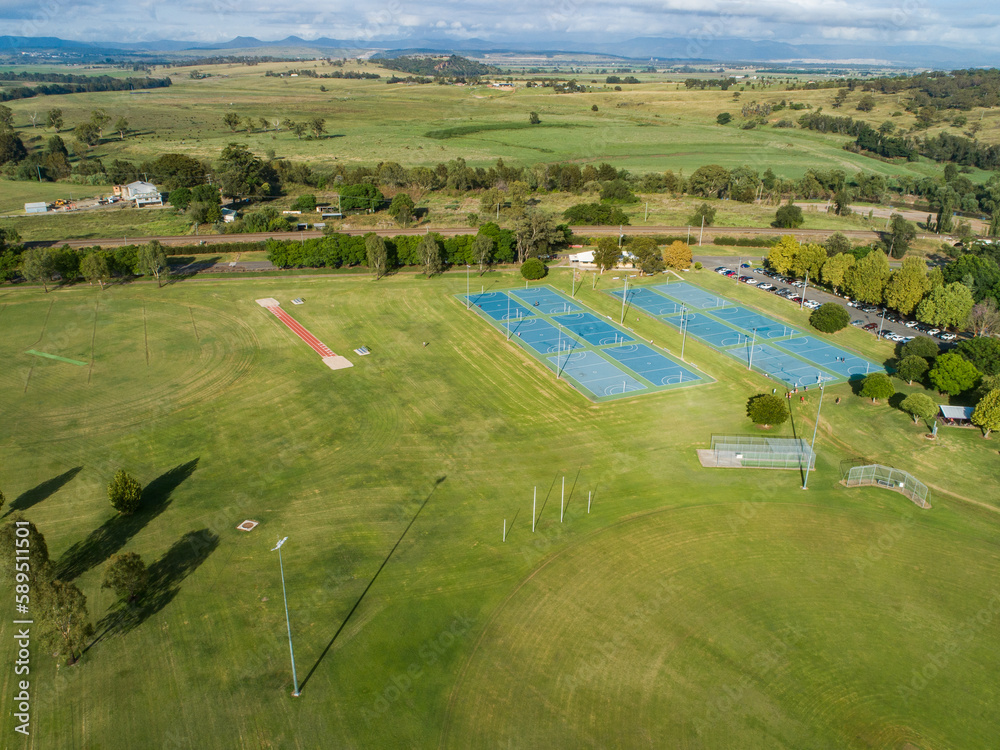 Aerial view of long jump track and pit at Cook Park beside netball ...