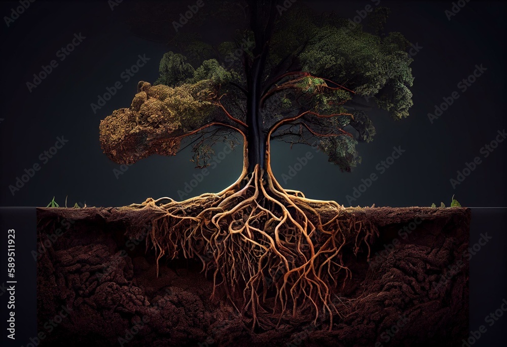 Tree roots growing underground, soil section side view. Generative AI ...
