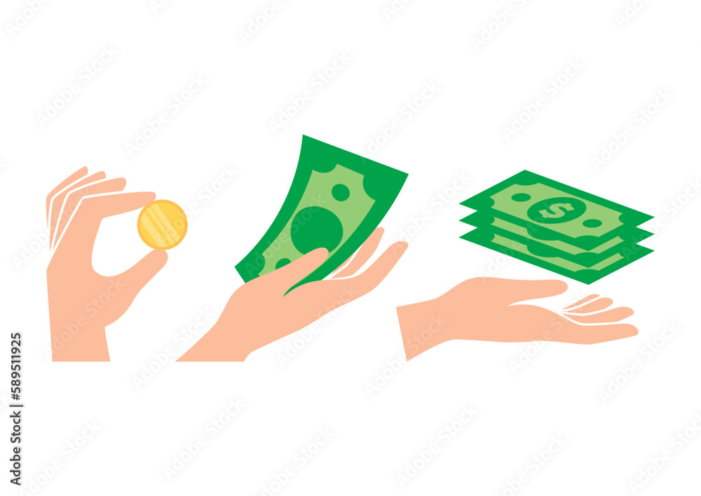 Hands giving and receiving money icon set vector. Helping hand with ...