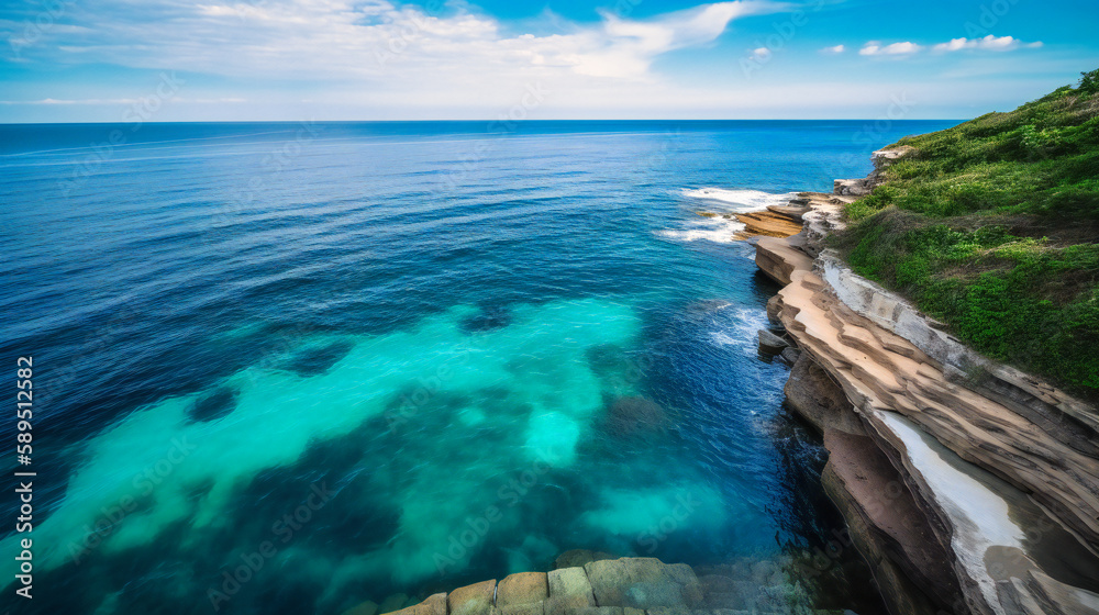 An awe-inspiring image of a cliffside infinity pool, merging seamlessly ...