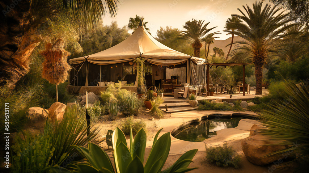 A beautiful image of a refined desert oasis lodge, blending ...