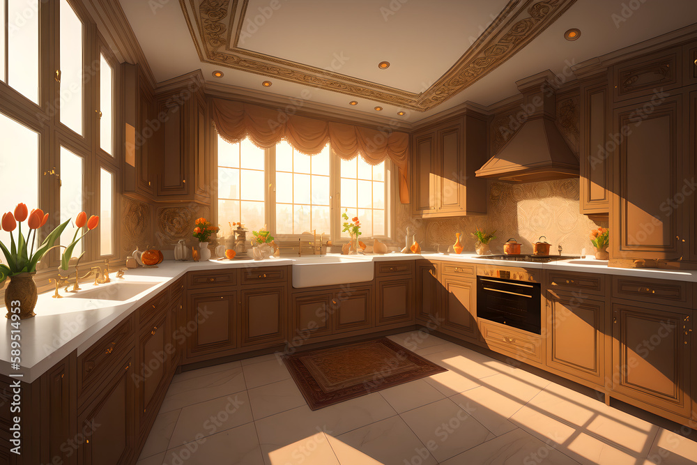 Luxurious kitchen interior in a modern royal palace, in light of sunset ...