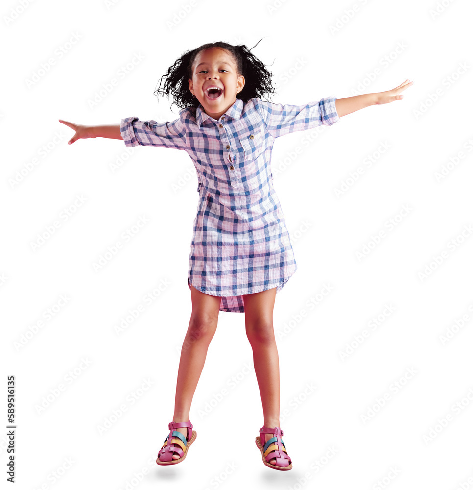 A happy African girl, jumps with curly hair to celebrate and dancing in a studio. Biracial child ...