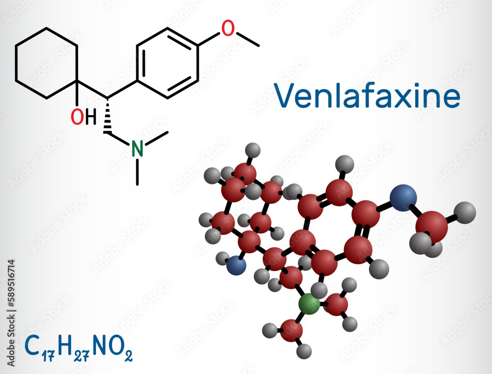 Venlafaxine antidepressant drug molecule. It is used for the treatment of major depression ...