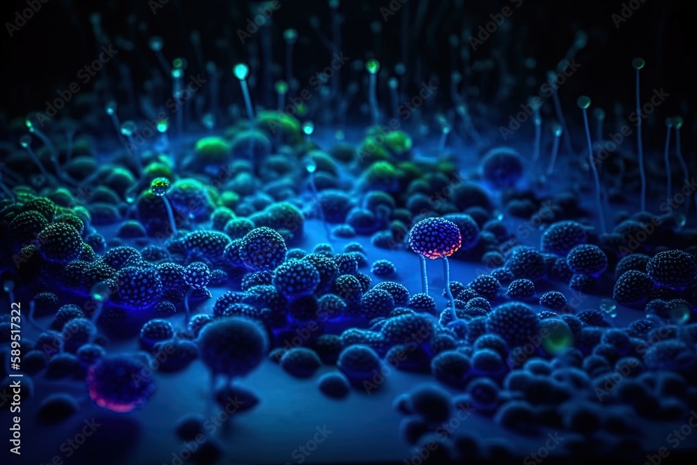 contaminated surface with virus particles visible under a UV light ...