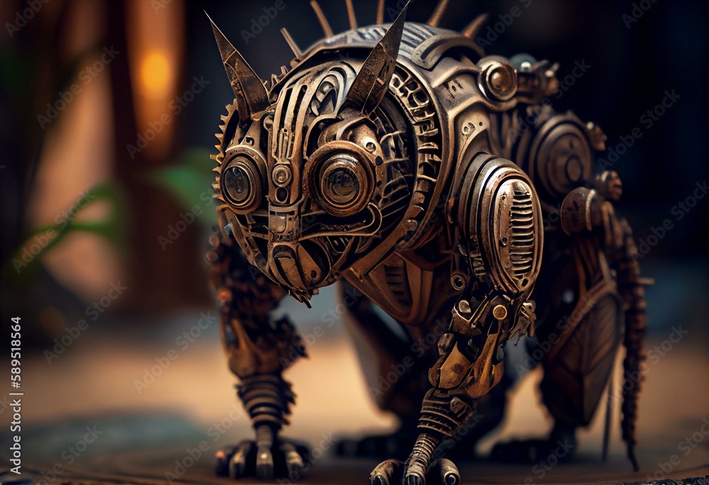 Scary robot animal android. Old metal, mechanisms, gears. Generative AI ...