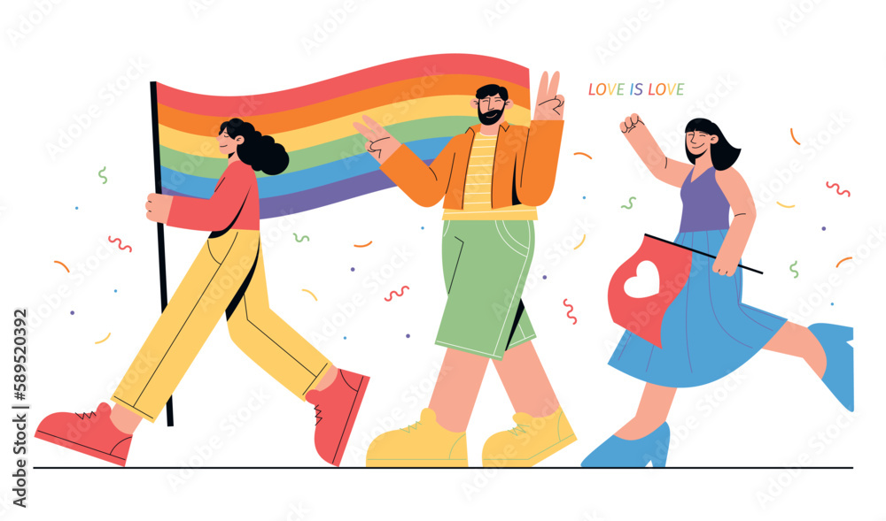 People walking on a pride month parade with rainbow flag. Vector flat ...