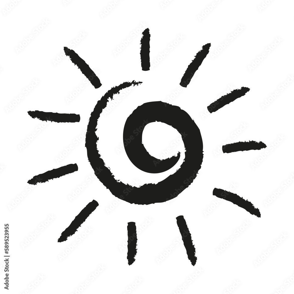 Sun icon as spiral. Hand drawn symbol sun wheel sign. Monochrome doodle ...