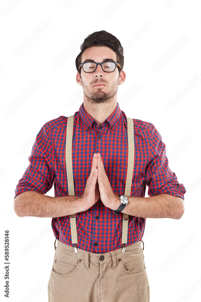 Man praying with hands together, eyes closed for mindfulness or ...