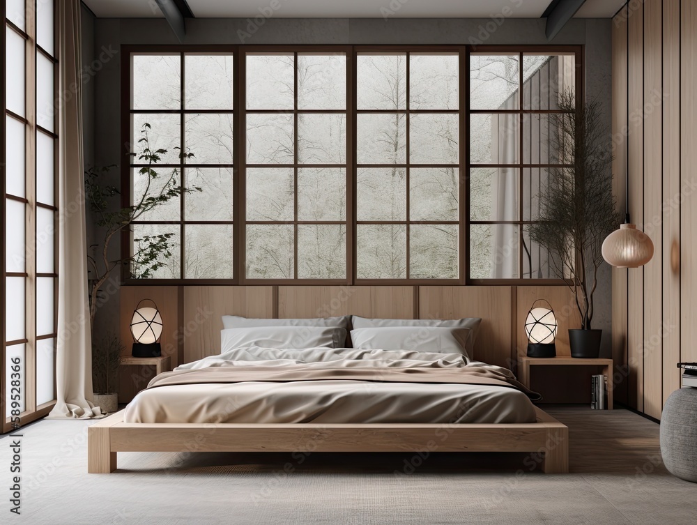 Japandi style bedroom interior design with big windows, generative ai ...