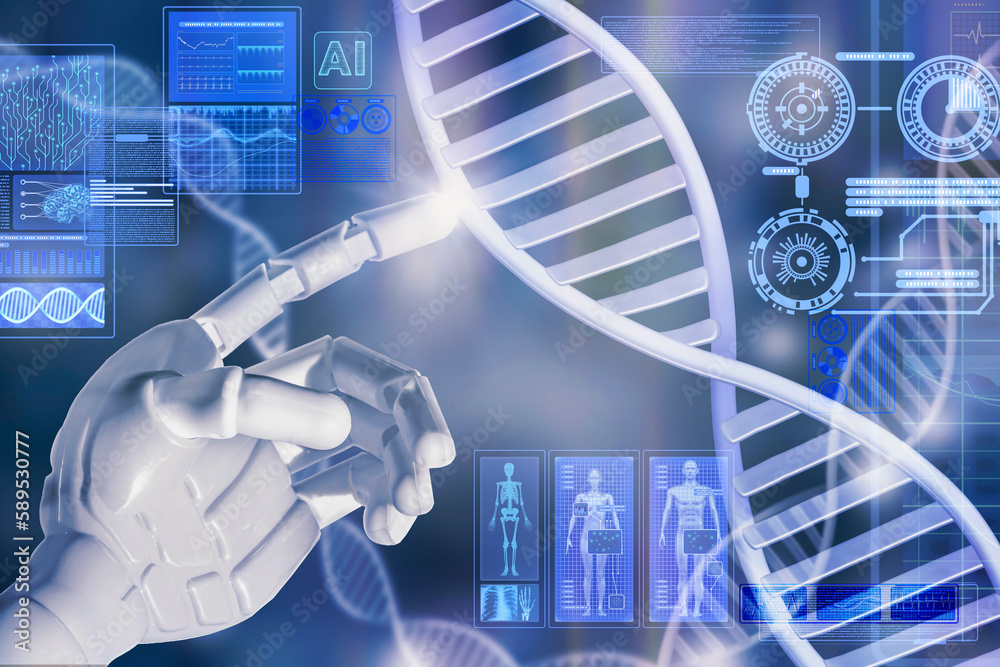 Plastic robot arm pointing at DNA. Futuristic Holographic Interface ...