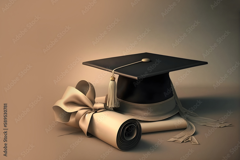 Graduation cap on a beige background with space for text. With ...