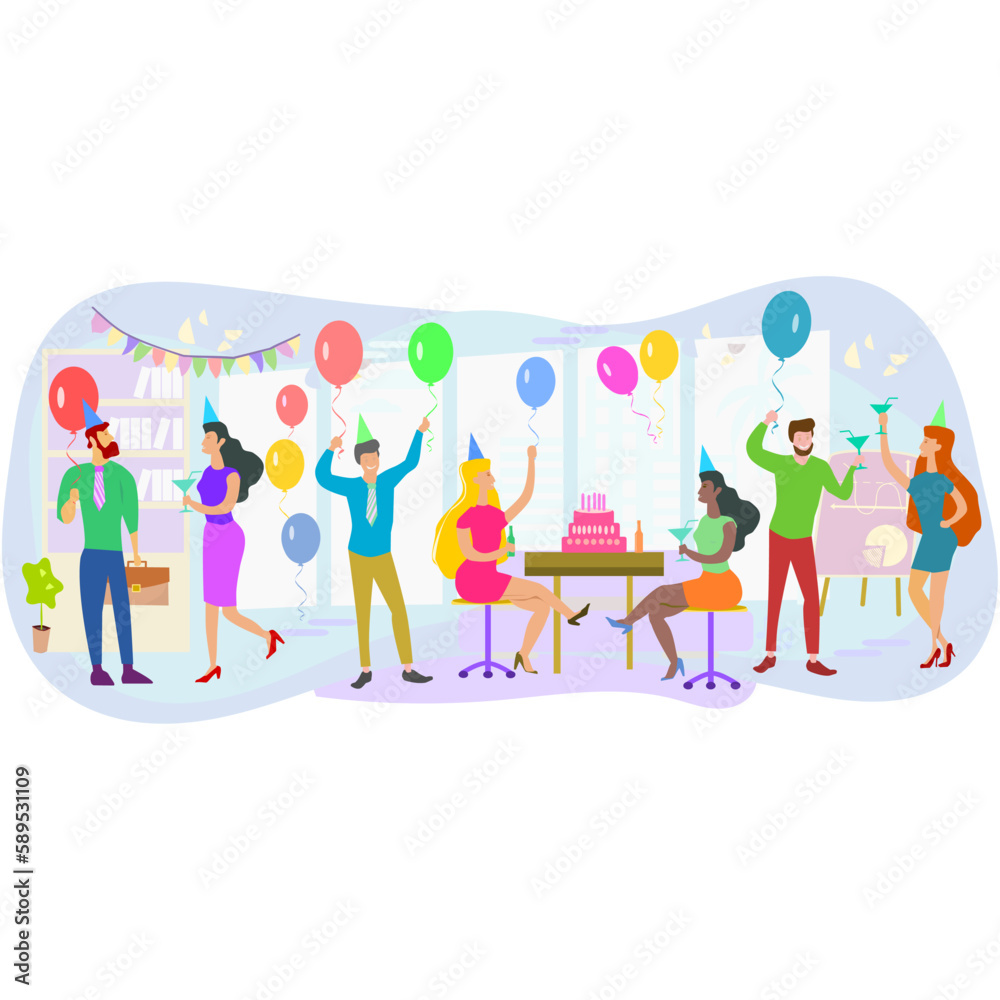 Happy people having fun at office party. Excited office girls and guys ...