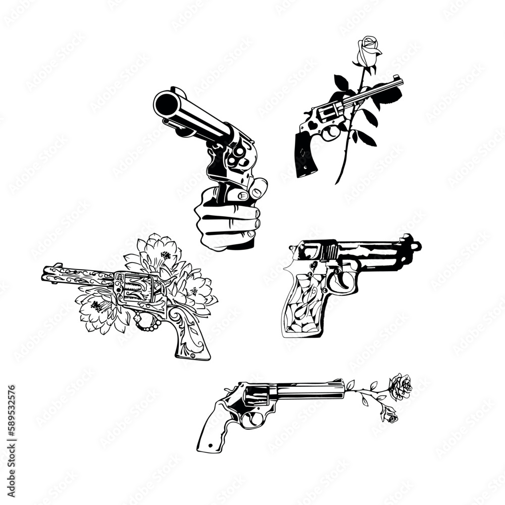 gun tattoo, gun with a rose and flowers, revolver in hand. Vector black ...