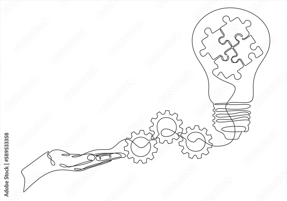 continuous one single line drawing of hand holding gears of light bulb ...