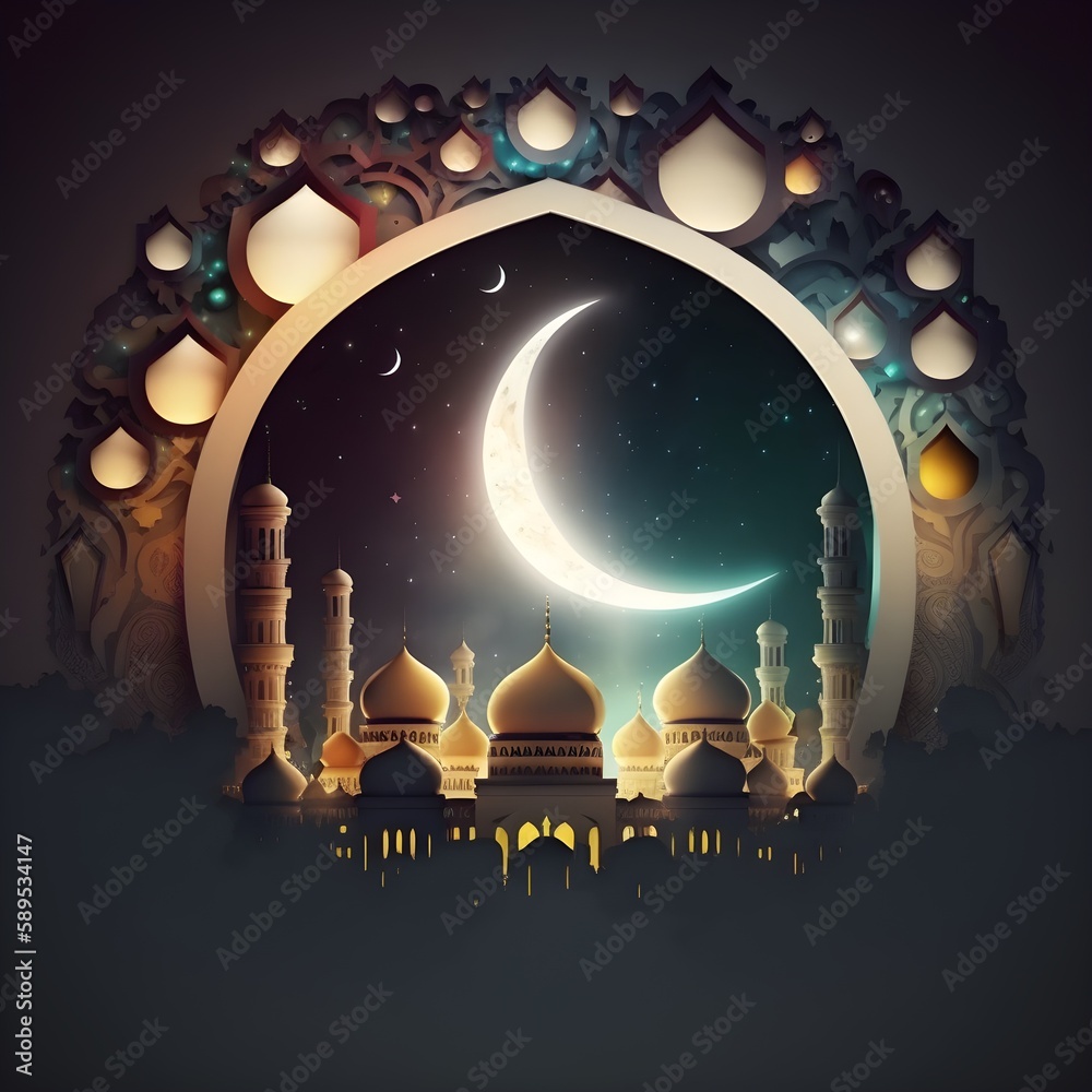 ภาพประกอบสต็อก Glowing half moon for Eid and Ramadan with Islamic ...