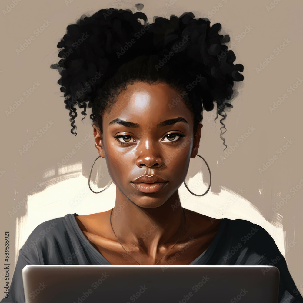 A powerful black woman meets her own gaze with strength and confidence as she looks into her ...