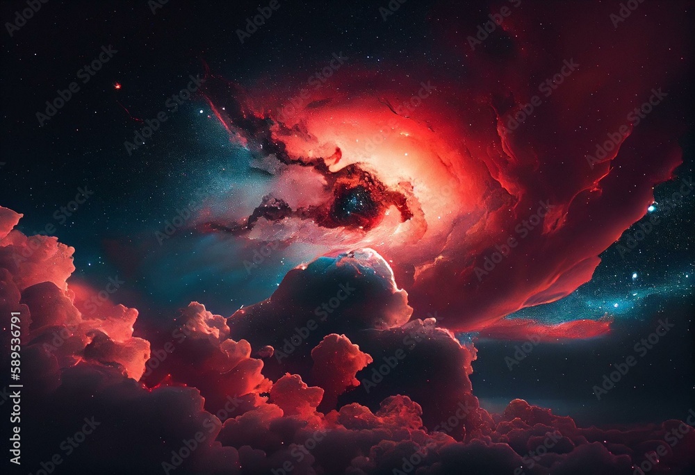 AI-generated image of a glowing red galaxy night sky with floating ...